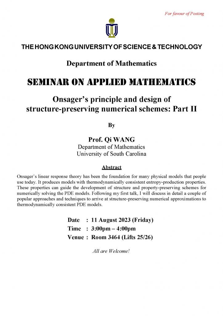 Department of Mathematics - Seminar on Applied Mathematics - Onsager’s principle and design of ...